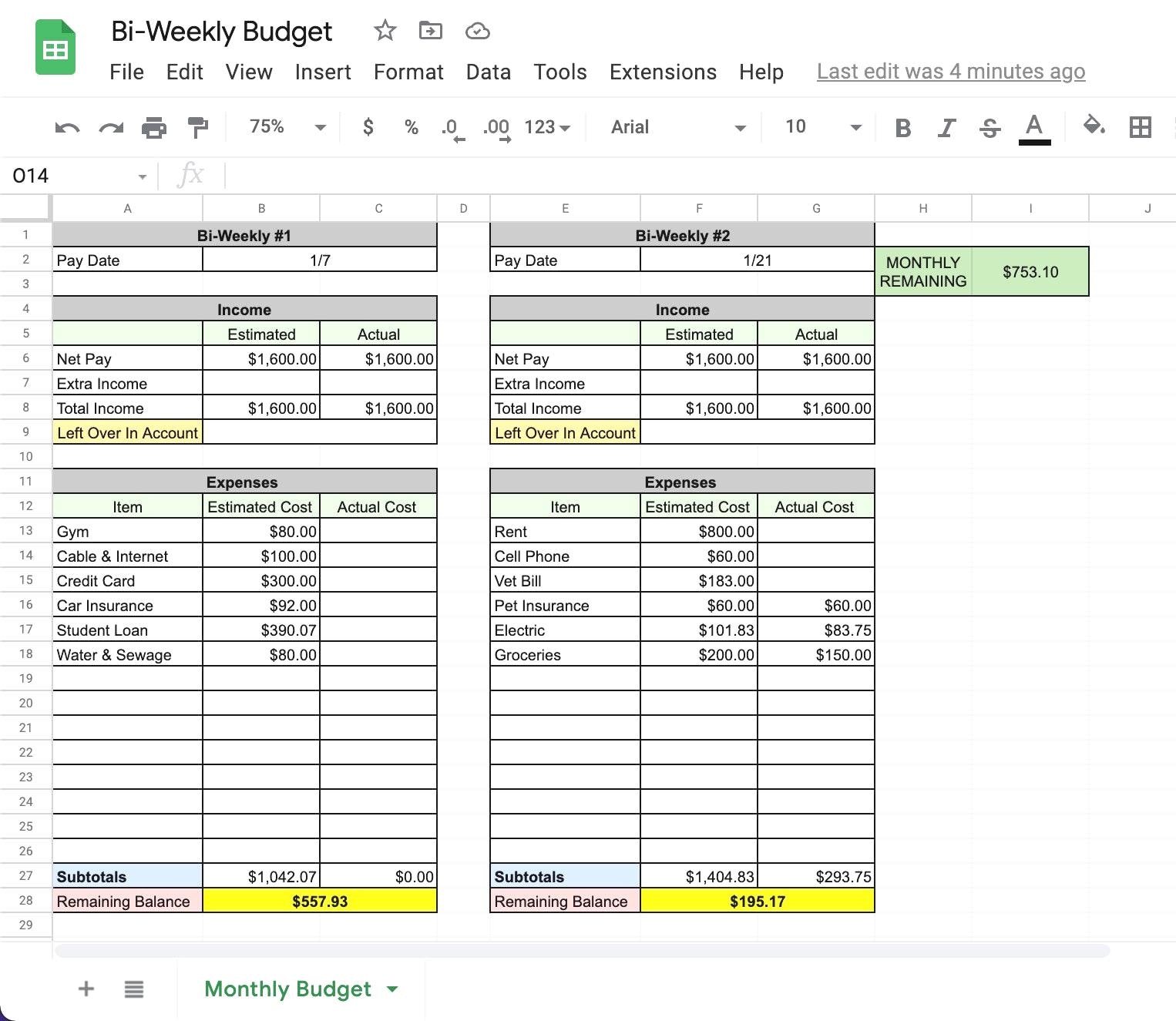 Simple Bi-weekly Budget Google Sheet - Etsy