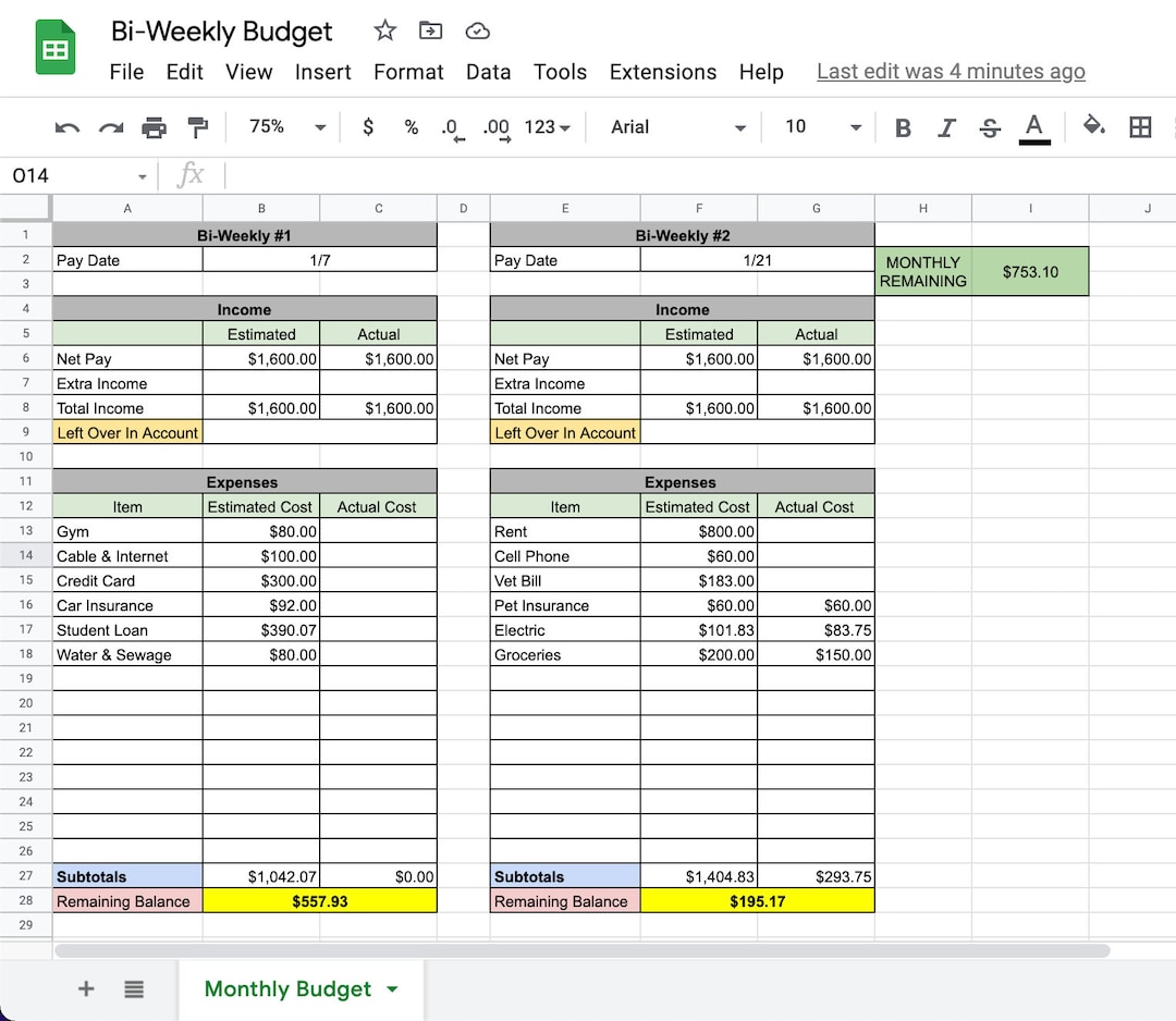 Simple Bi-weekly Budget Google Sheet - Etsy