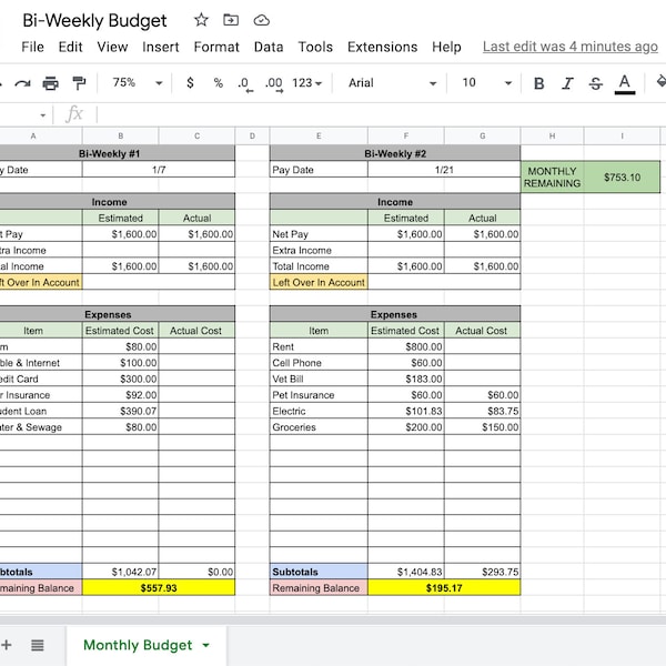 Bi Weekly Budget Sheet - Etsy