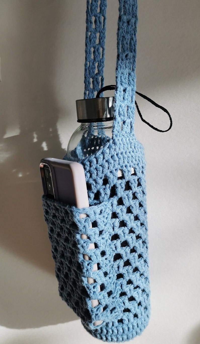 Handmade Crochet Water Bottle Holder With Phone Pocket (100% Cotton ...