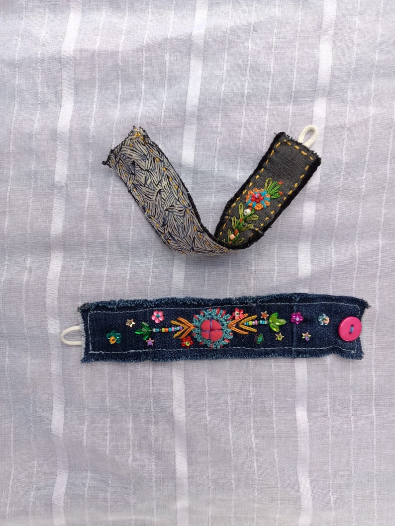 Embroidered Boho Fabric Cuff Bracelet | Upcycled Hand Sewed Unique Wrap ...