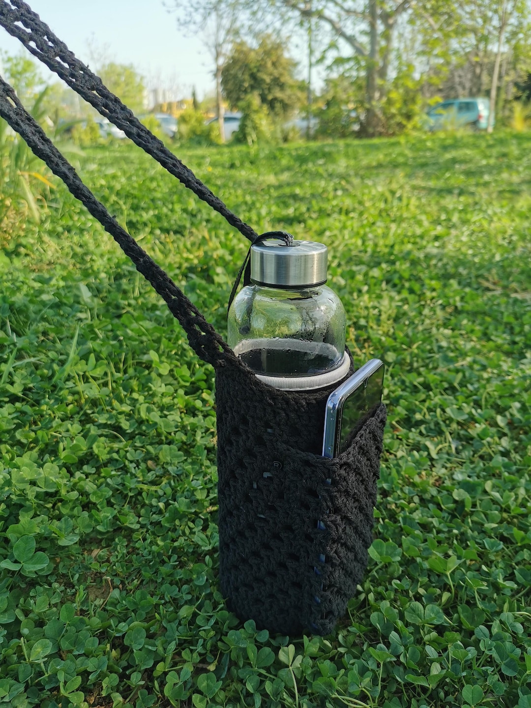 Black Crochet Water Bottle Holder, Cell Phone Holder, Water Bottle ...