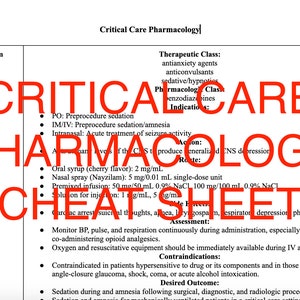Critical Care Pharmacology | Cheat Sheet - Etsy
