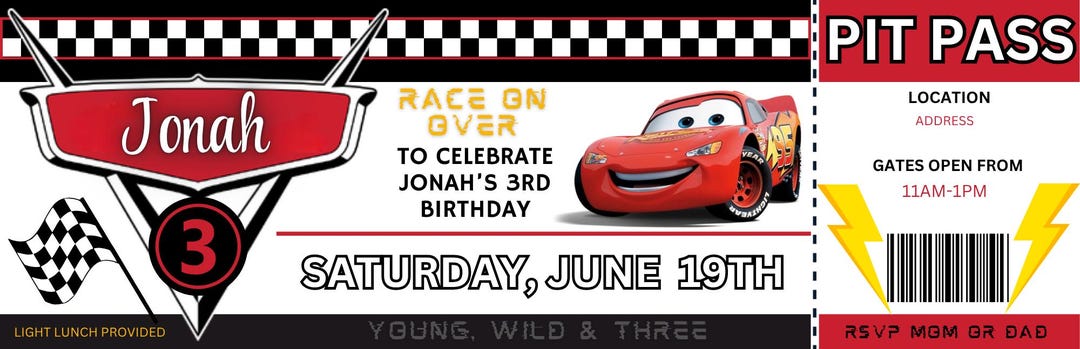 Cars 3rd Birthday Pit Pass Invitation - Etsy