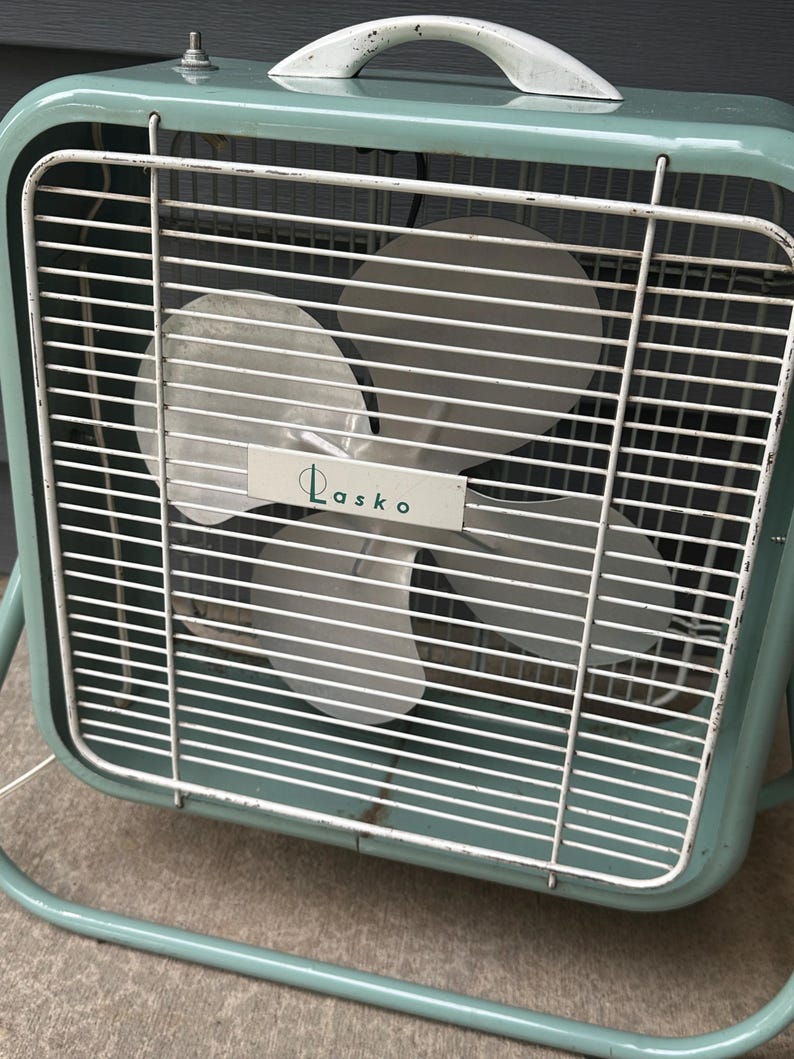 Vintage 15” Lasko Model 1400 Teal Box Fan Speed All Metal 2 Settings ...