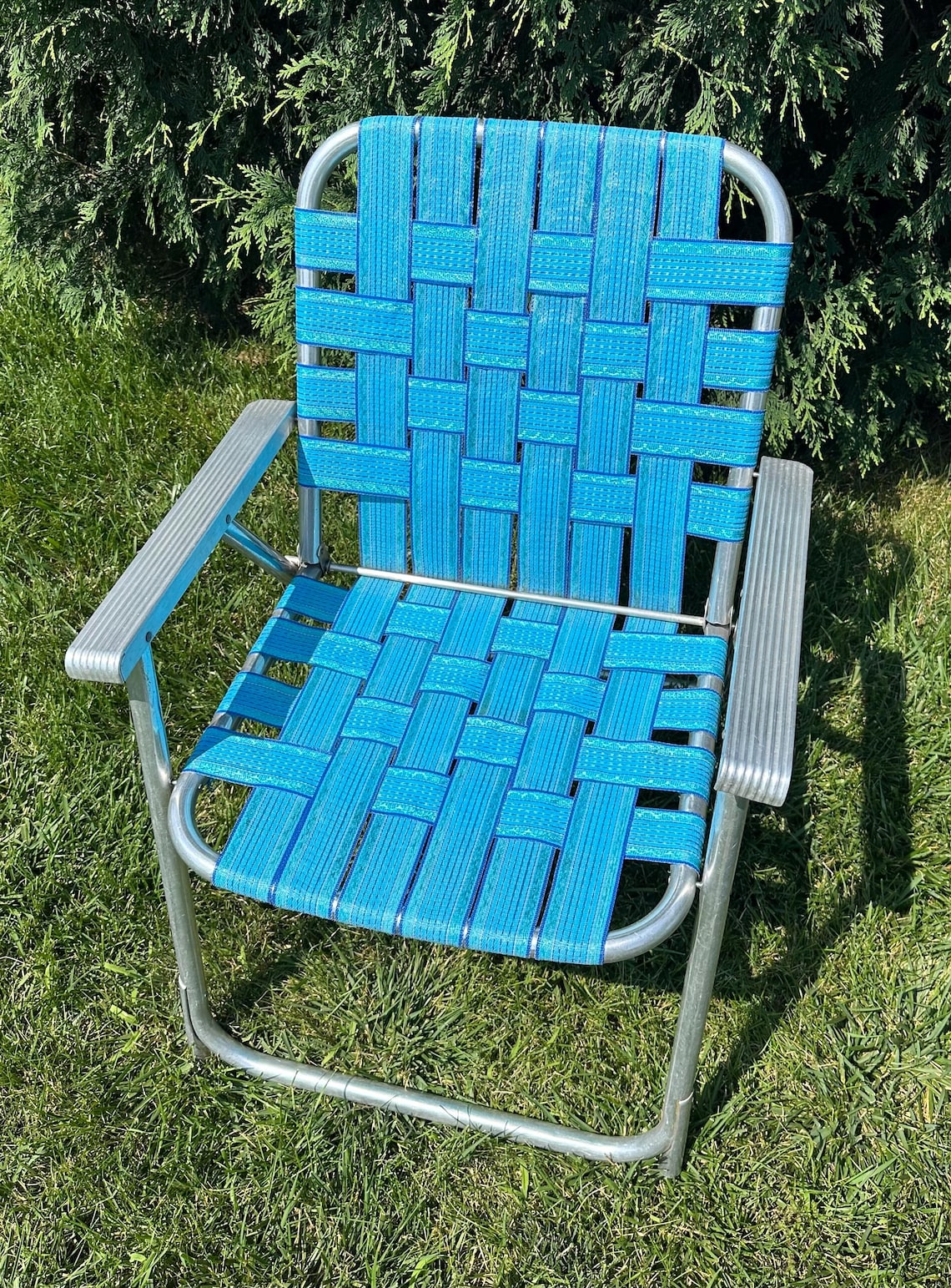 2 Vintage Aluminum Webbed Folding Lawn Chairs Blue Shimmery NICE ...