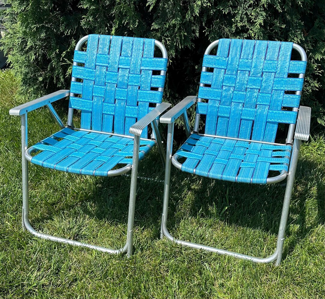 2 Vintage Aluminum Webbed Folding Lawn Chairs Blue Shimmery NICE ...