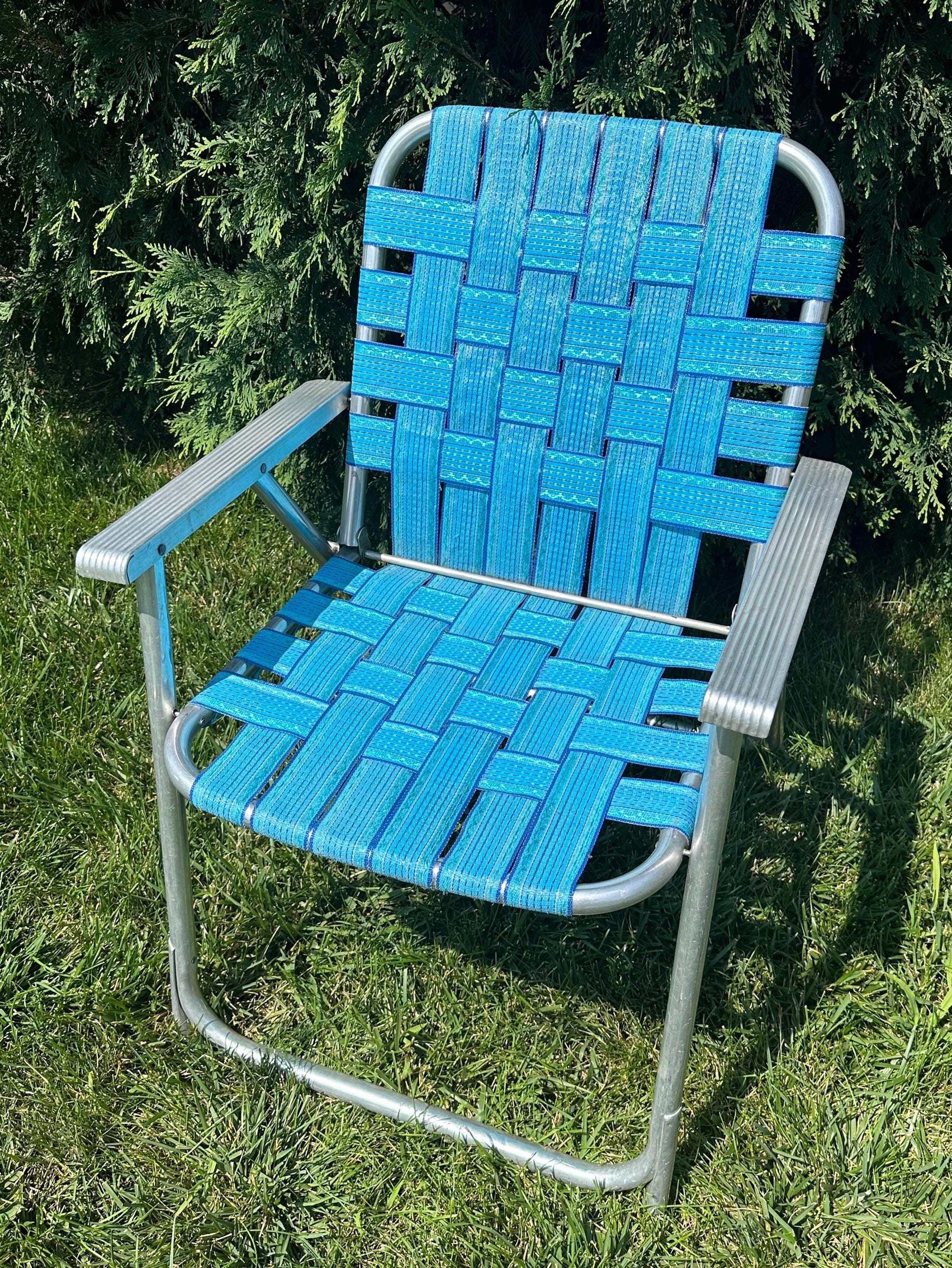 2 Vintage Aluminum Webbed Folding Lawn Chairs Blue Shimmery NICE ...