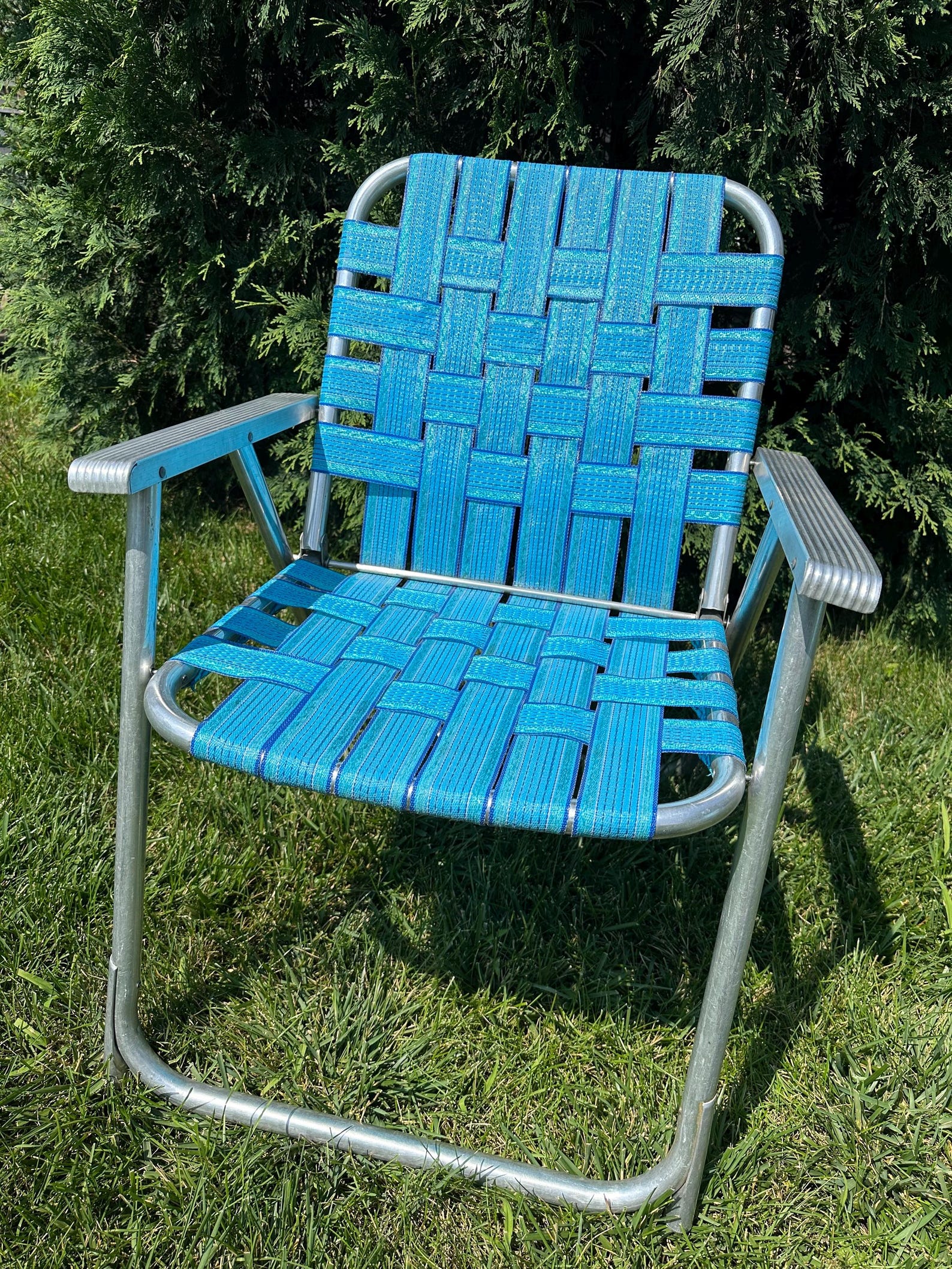 2 Vintage Aluminum Webbed Folding Lawn Chairs Blue Shimmery NICE ...