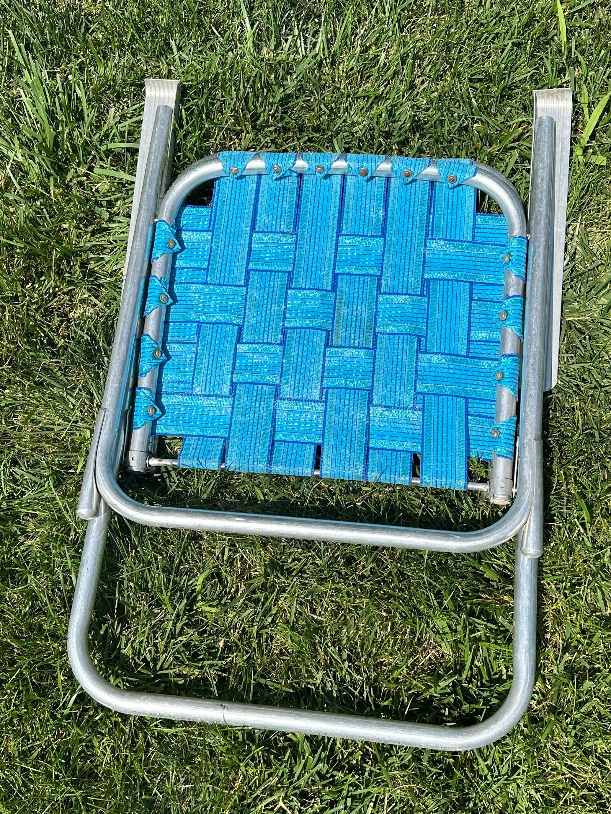 2 Vintage Aluminum Webbed Folding Lawn Chairs Blue Shimmery NICE ...