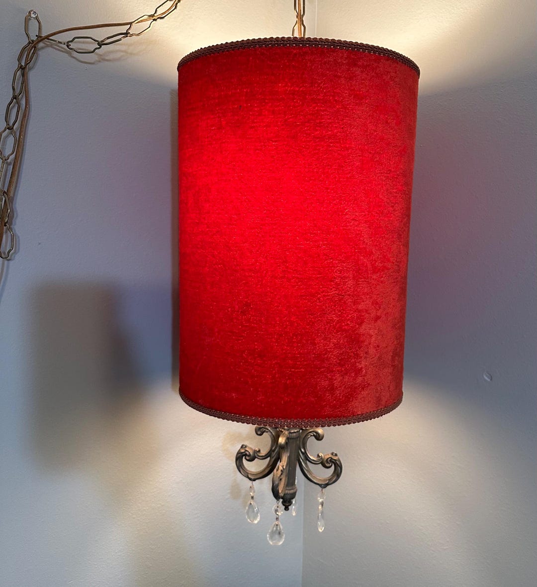 Vintage Crushed Red Velvet Hanging Drum Lamp Hollywood Regency 24 MCM ...