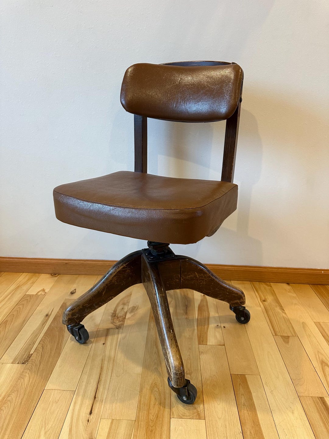 Vintage Solid Wood Desk Chair | Domore Chair Co. Wooden Swivel Chair ...