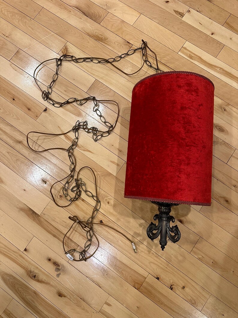 Vintage Crushed Red Velvet Hanging Drum Lamp Hollywood Regency 24 MCM ...