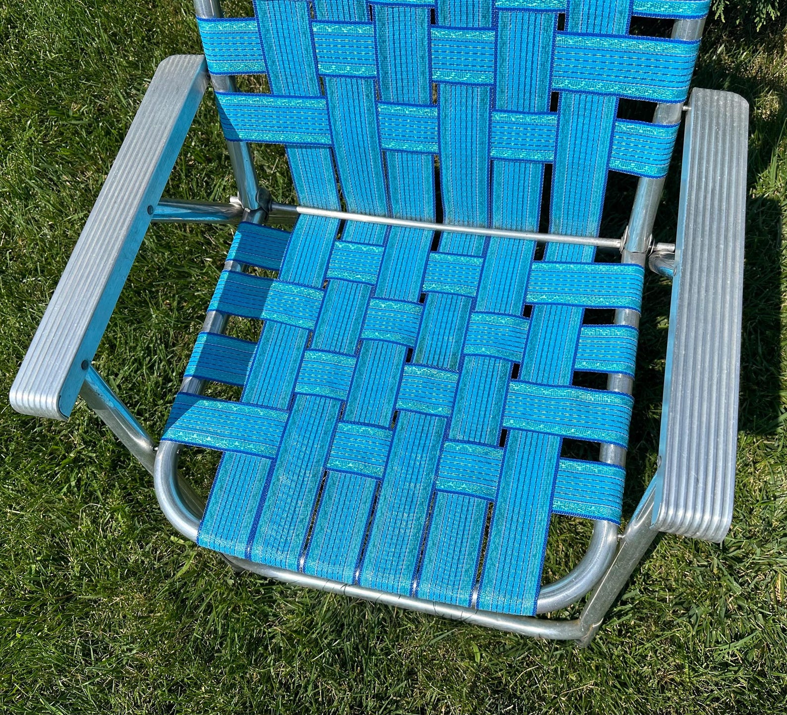 2 Vintage Aluminum Webbed Folding Lawn Chairs Blue Shimmery NICE ...