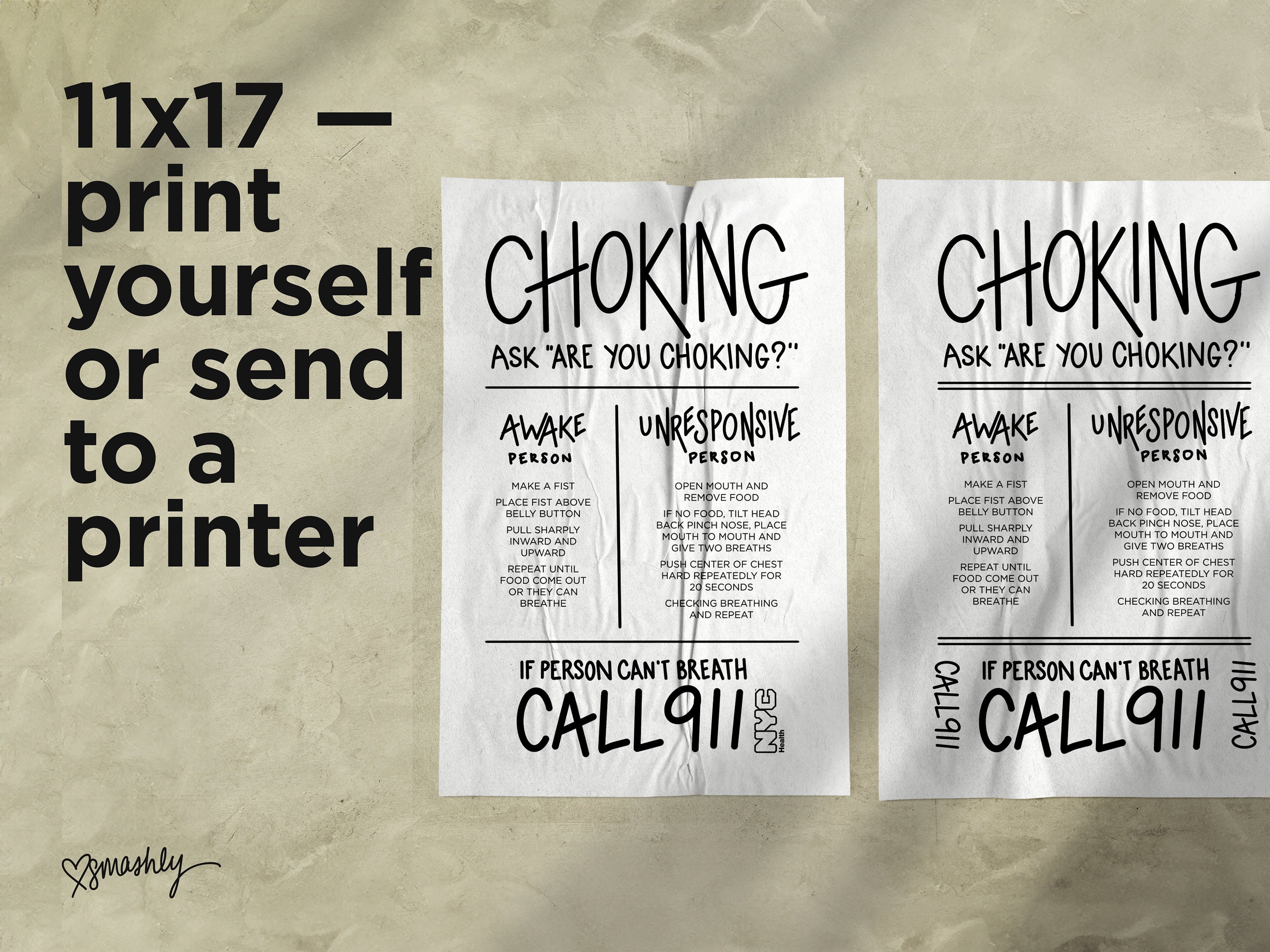 Restaurant Choking Victim Sign. Handwritten. Unique Design. 11x17 ...