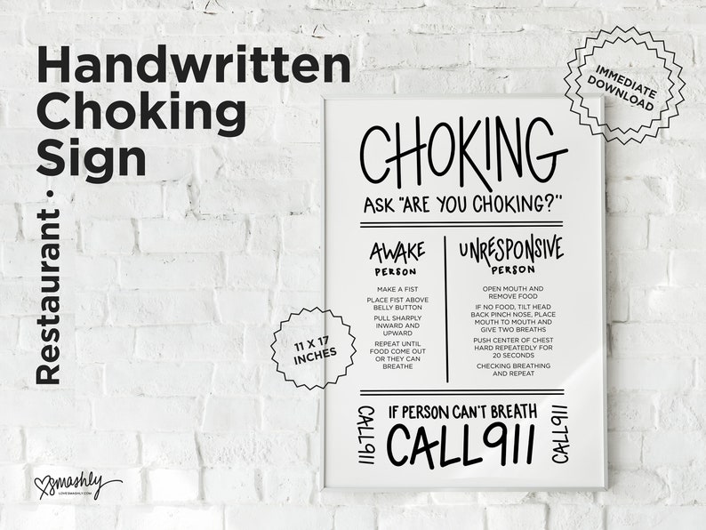 Restaurant Choking Victim Sign. Handwritten. Unique Design. 11x17 ...