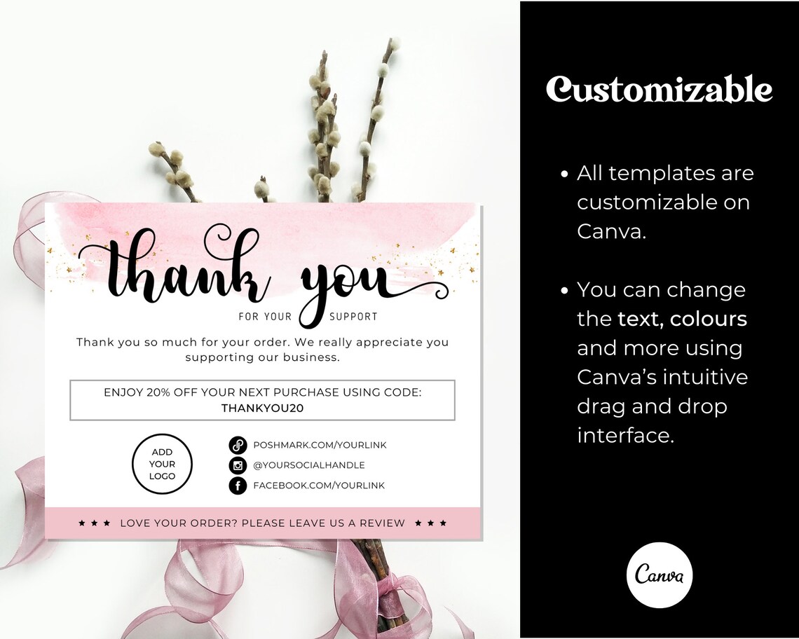 Printable Thank You Card Canva Template, Etsy Poshmark Small Business, Editable Customer ...