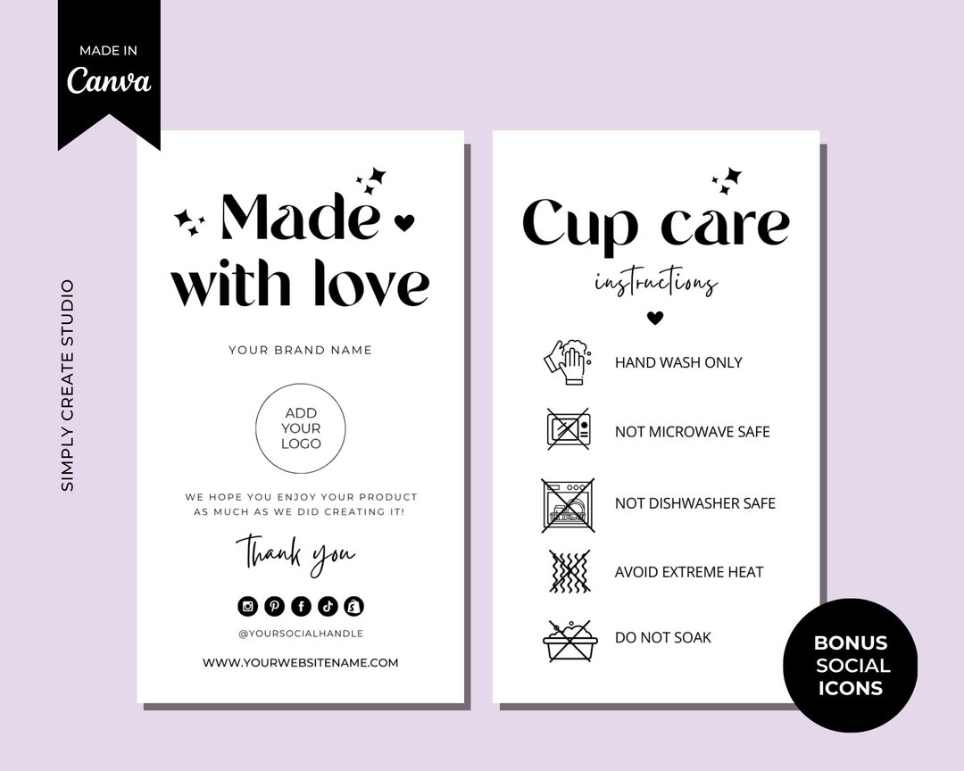 Editable Cup Care Instructions Card Template, Printable Cup Care Label ...