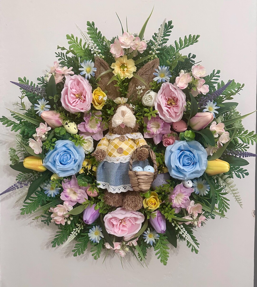 Easter Bunny Front Door Wreath, Artificial Flower Spring Bunny Wreath ...