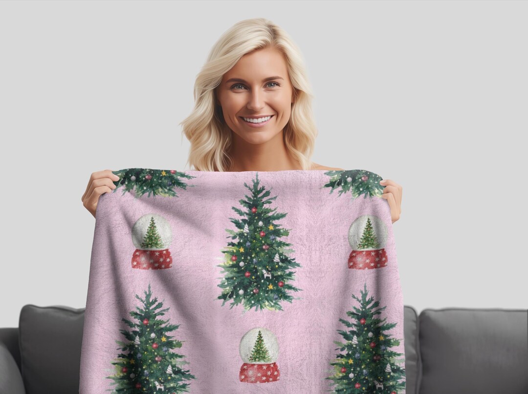 Christmas Tree and Snow Globe Watercolor Velveteen Plush Blanket ...