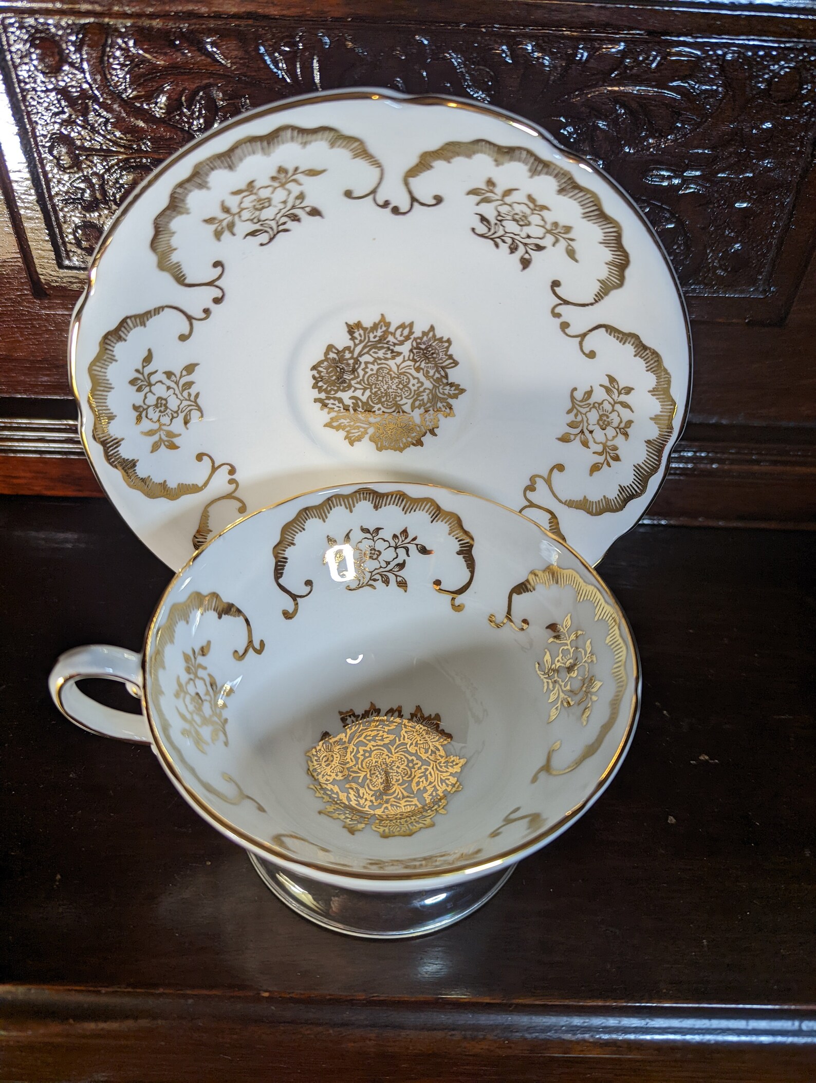 Elegant Stanley Bone China Teacup and Saucer Set, Gold Floral Scrolling ...