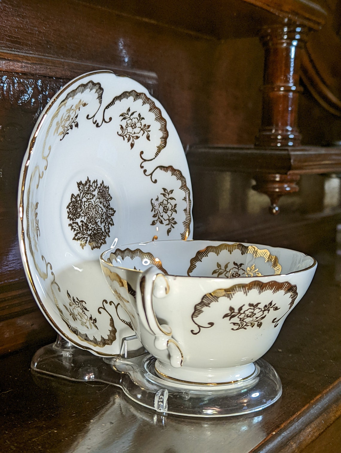 Elegant Stanley Bone China Teacup and Saucer Set, Gold Floral Scrolling ...