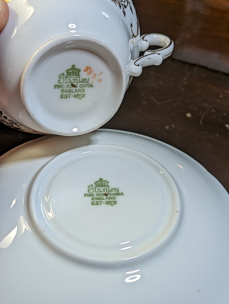 Elegant Stanley Bone China Teacup and Saucer Set, Gold Floral Scrolling ...