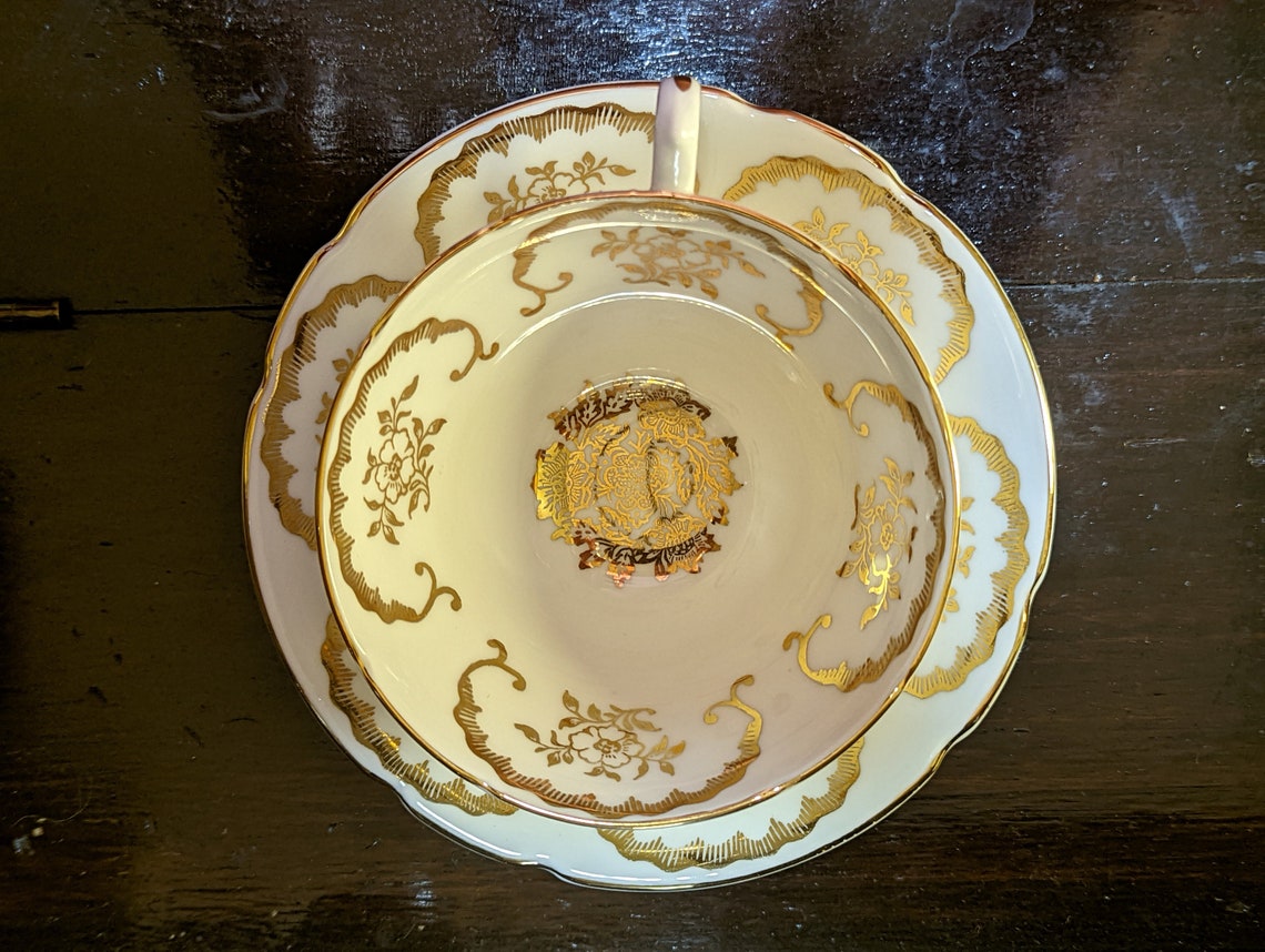 Elegant Stanley Bone China Teacup and Saucer Set, Gold Floral Scrolling ...