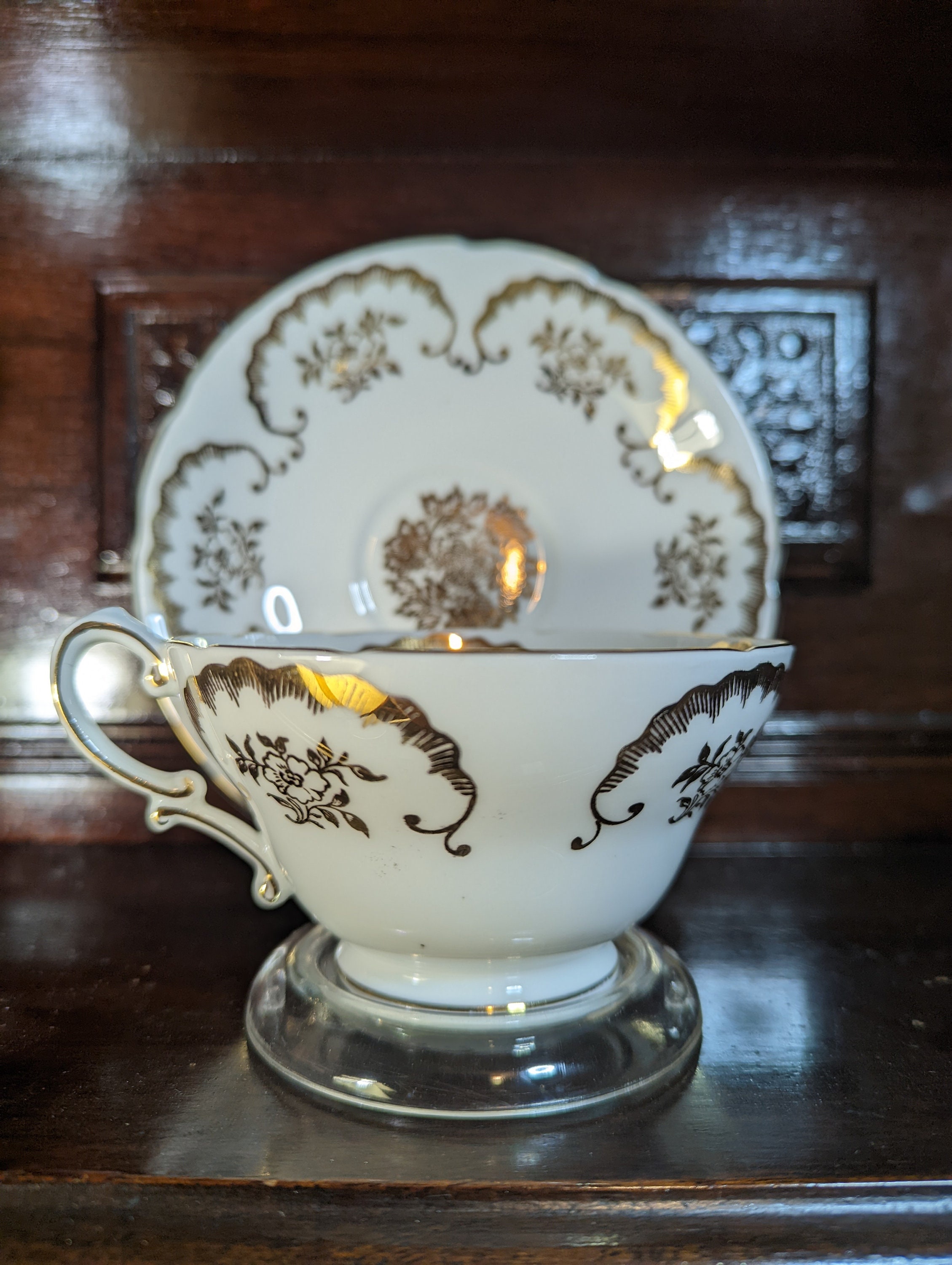 Elegant Stanley Bone China Teacup and Saucer Set, Gold Floral Scrolling ...
