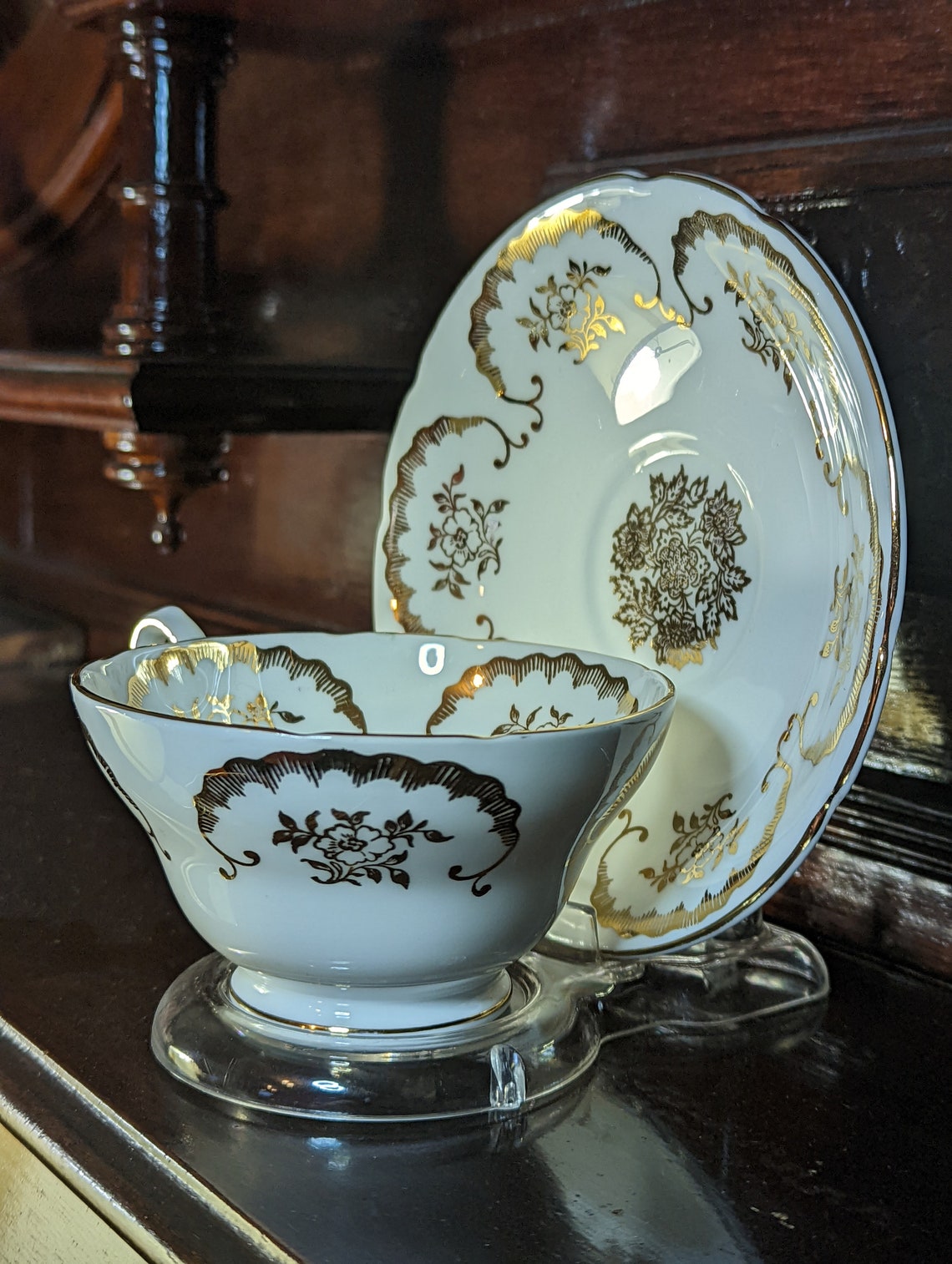 Elegant Stanley Bone China Teacup and Saucer Set, Gold Floral Scrolling ...