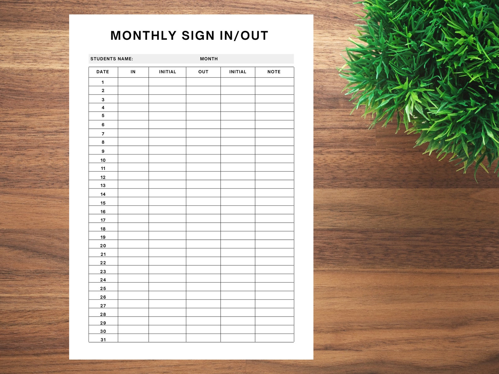 Monthly Sign In/out Sheet Template Printable, Student Sign In/out Sheet ...