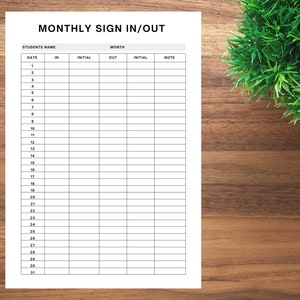 Monthly Sign In/out Sheet Template Printable, Student Sign In/out Sheet ...