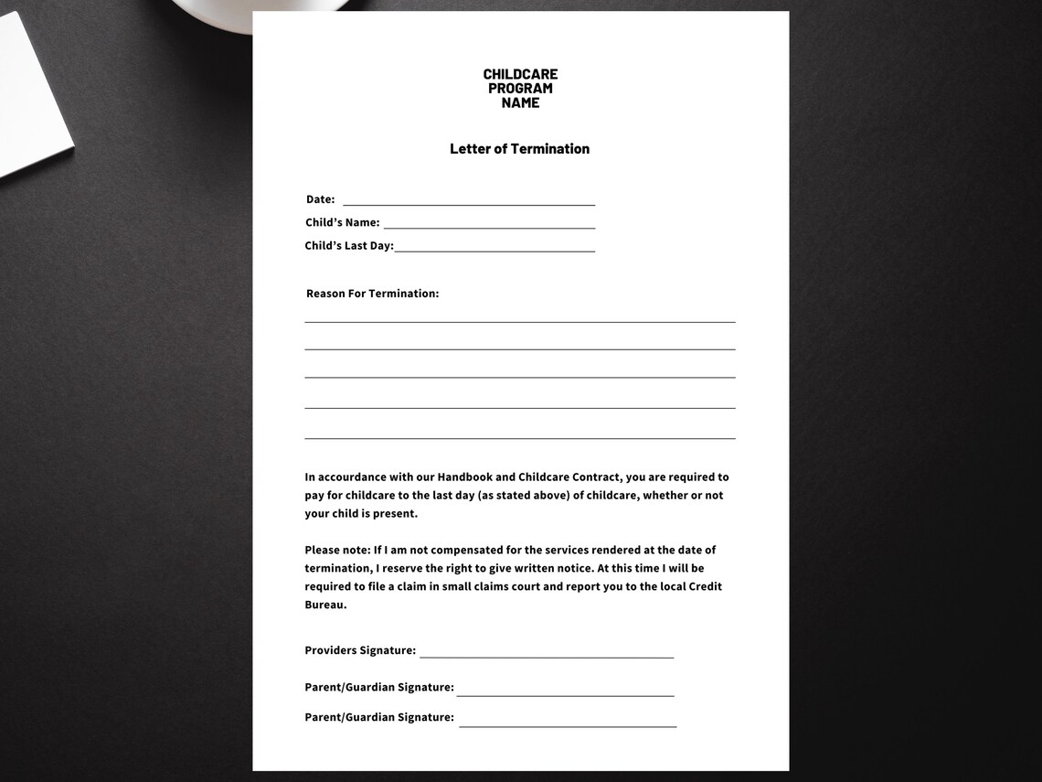Childcare Termination Letter Template, Editable Daycare Notice of ...