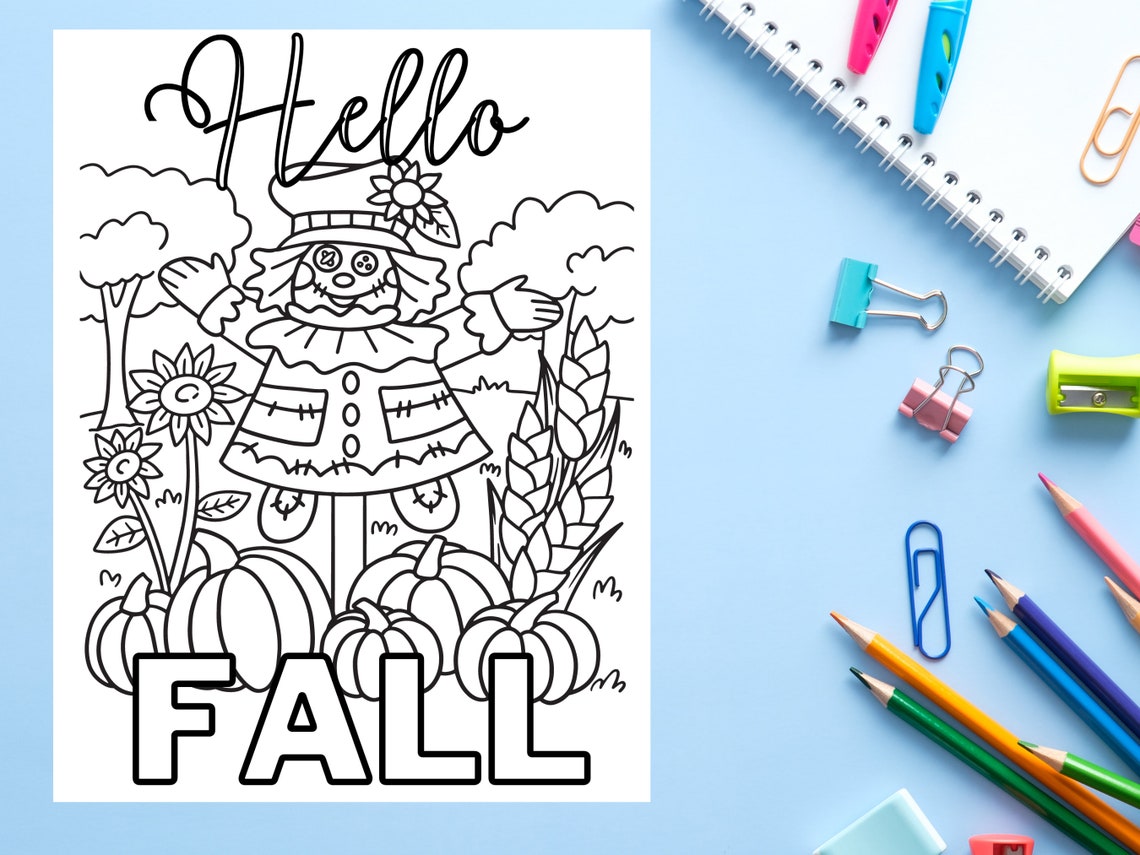 Hello Fall Coloring Page Template Printable Childrens Autumn - Etsy