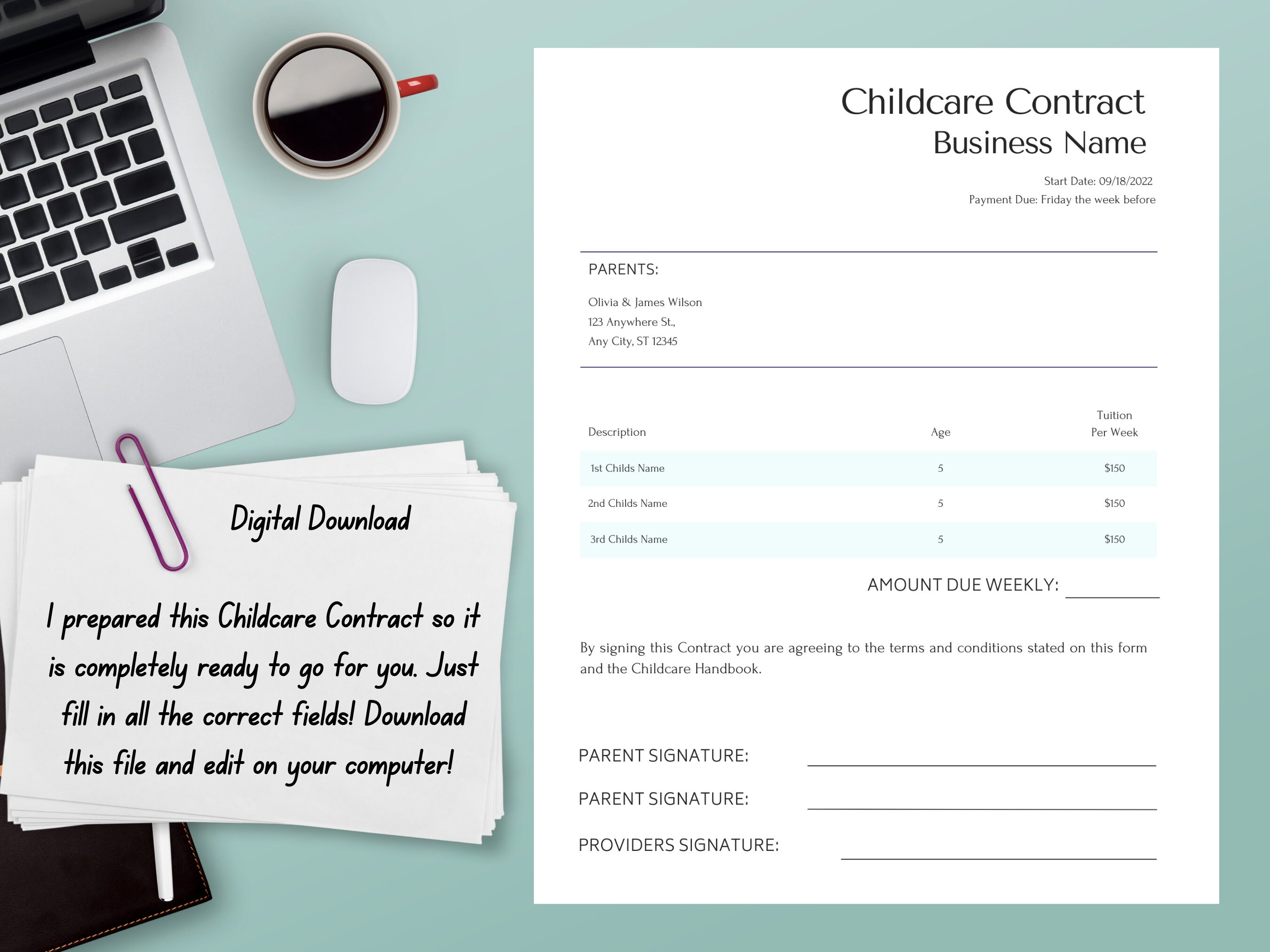 Childcare Contract Template Printable, Daycare Contract, Childcare ...