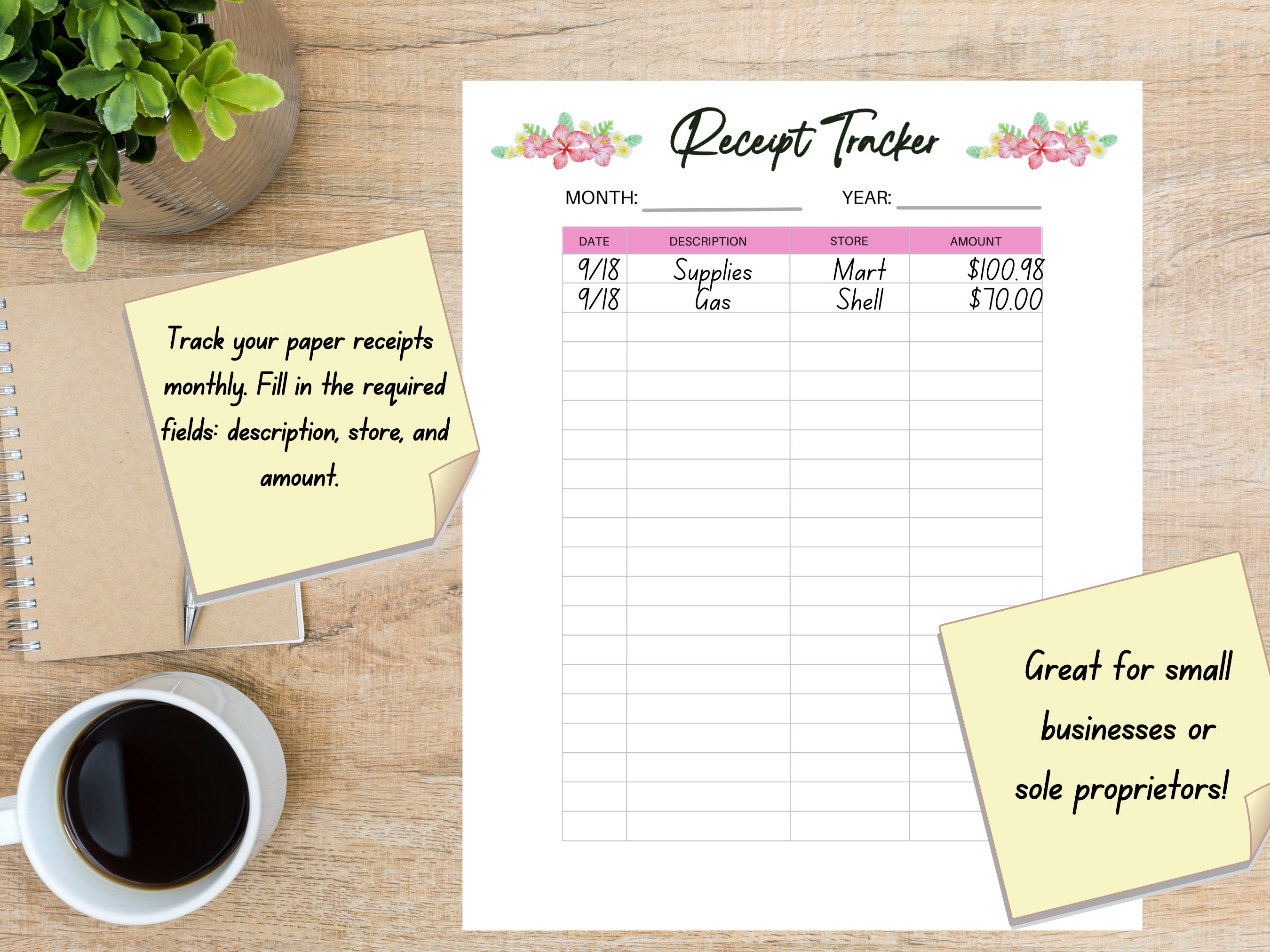 Receipt Tracker Template Printable, Small Business Receipt Organizer ...