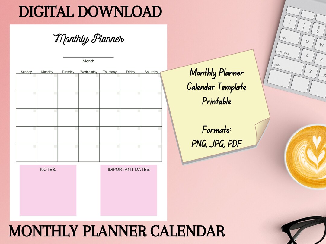 Monthly Planner Calendar Template Printable, Blank Calendar Planner ...