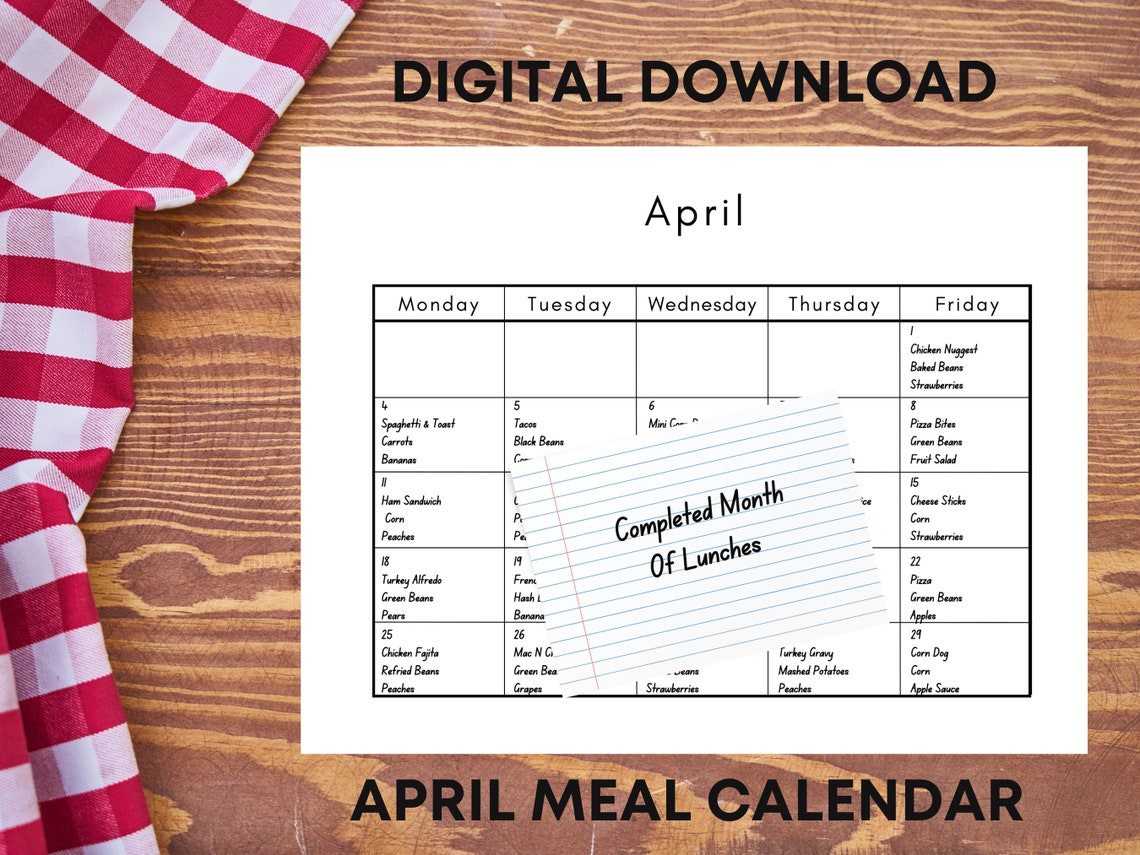 Completed Lunch Menu Template Printable for April, Digital Download ...