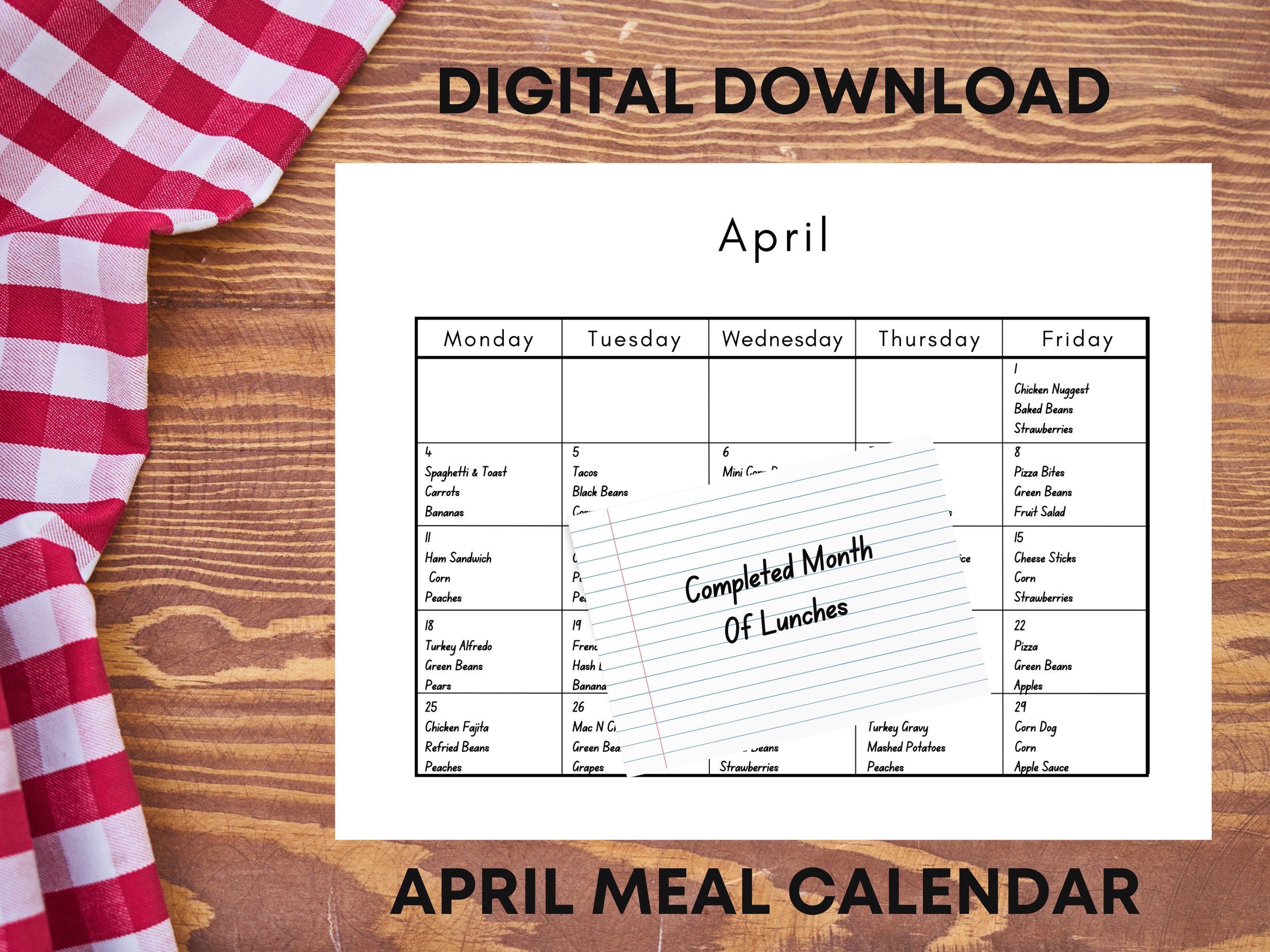 Completed Lunch Menu Template Printable for April, Digital Download ...