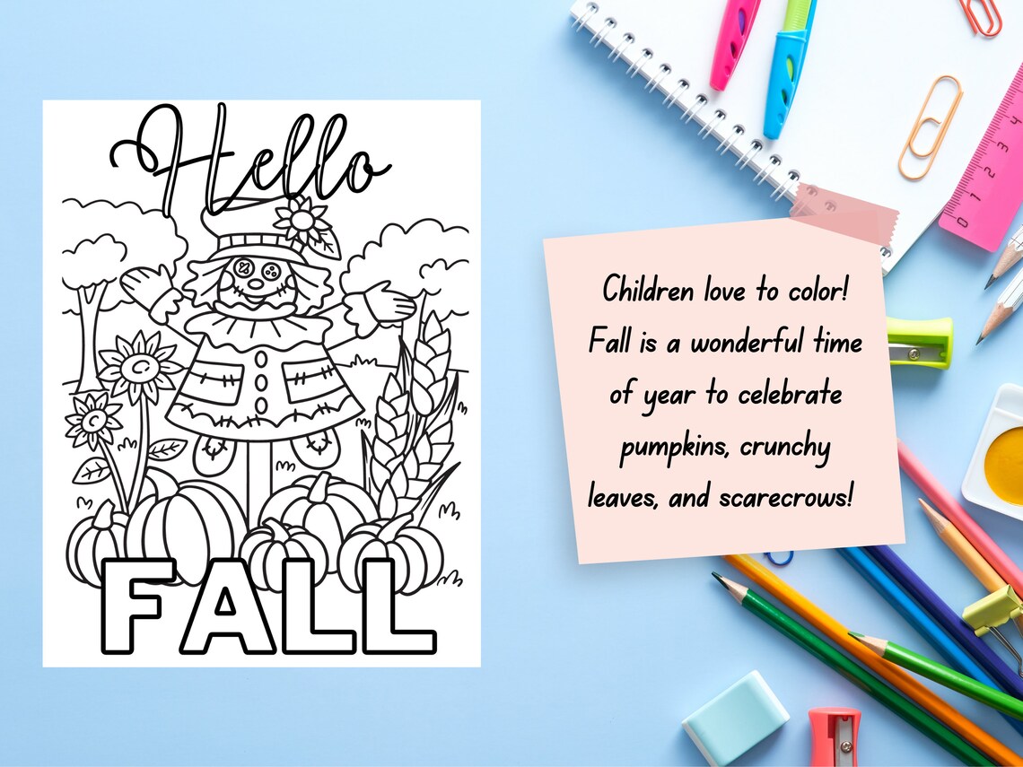 Hello Fall Coloring Page Template Printable Childrens Autumn - Etsy