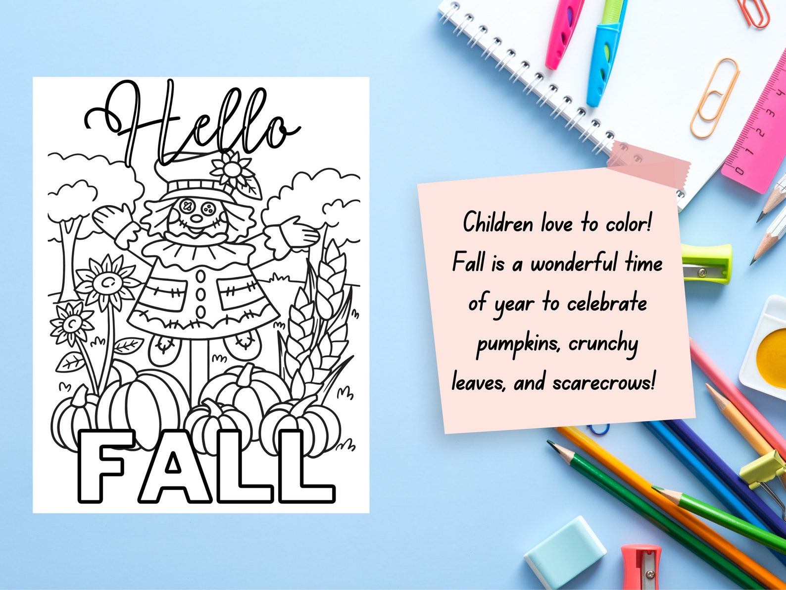 Hello Fall Coloring Page Template Printable Childrens Autumn - Etsy