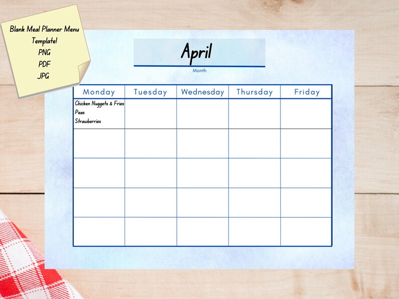 Blank Calendar Menu Planner Template Printable Digital Download ...