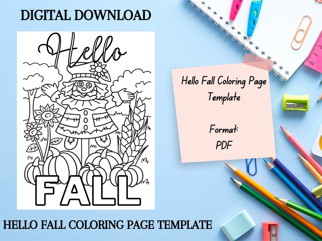 Hello Fall Coloring Page Template Printable Childrens Autumn - Etsy
