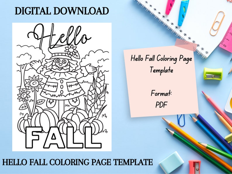 Hello Fall Coloring Page Template Printable Childrens Autumn - Etsy