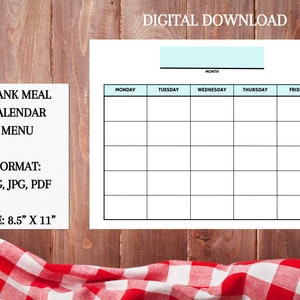 Blank Monthly Menu Calendar Template, Breakfast, Lunch, Snack Monthly ...