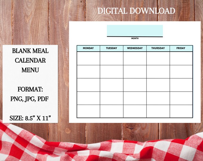 Blank Monthly Menu Calendar Template, Breakfast, Lunch, Snack Monthly ...