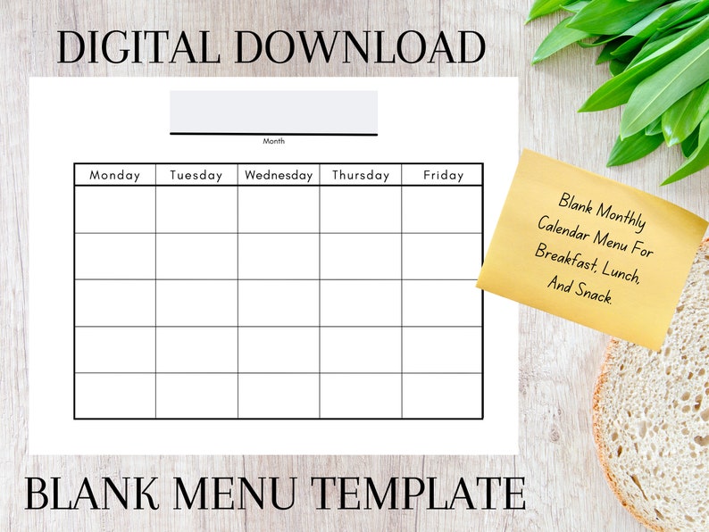 Blank Monthly Calendar Menu Template Printable, Childcare Breakfast ...