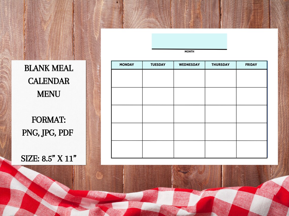 Blank Monthly Menu Calendar Template, Breakfast, Lunch, Snack Monthly ...
