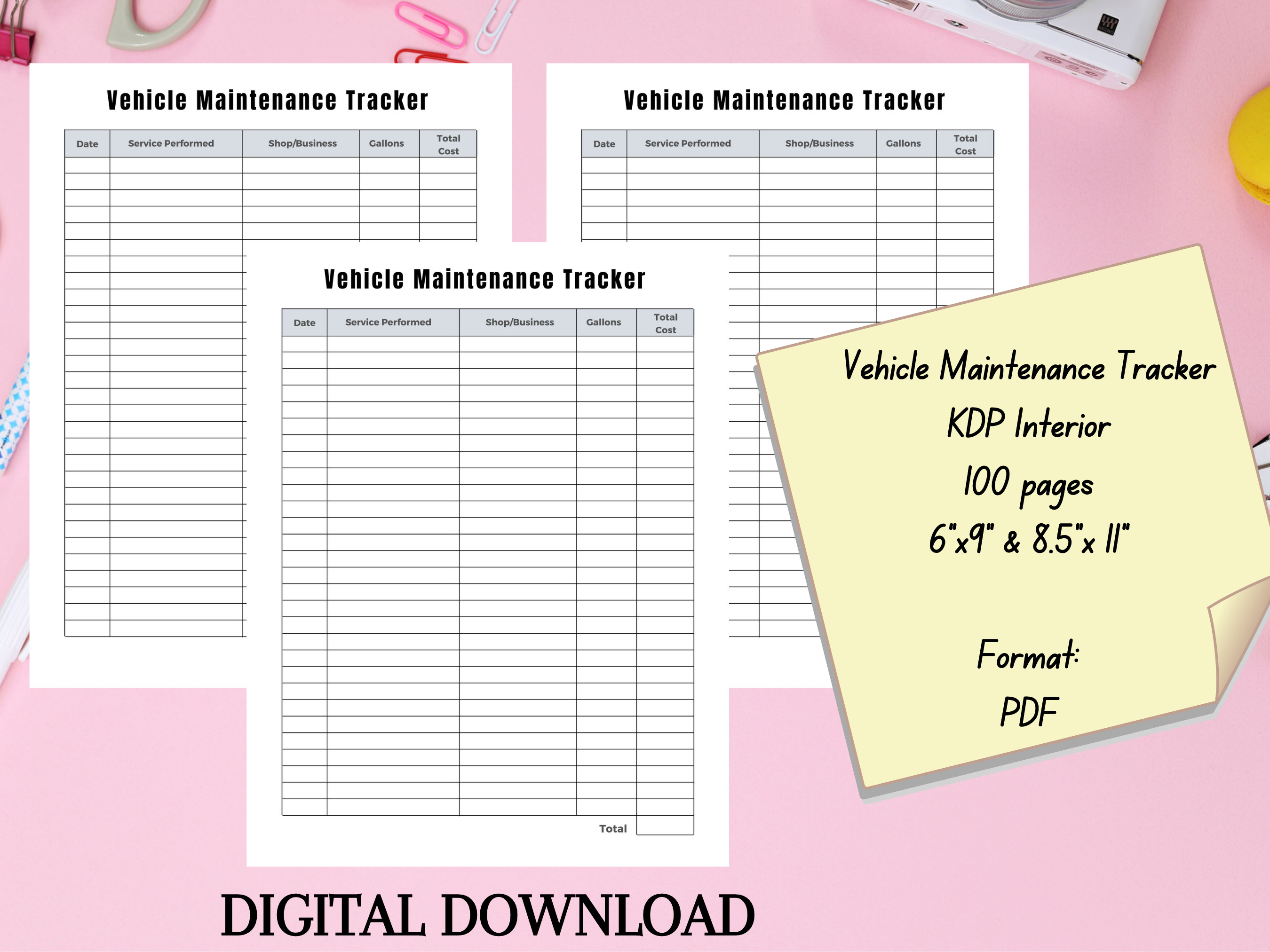 Vehicle Maintenance Tracker KDP Interior, 100 Pages, Vehicle Repair ...
