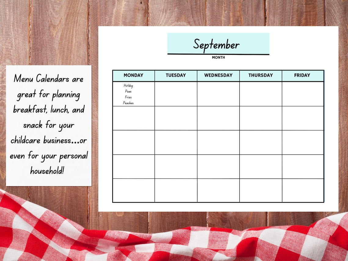 Blank Monthly Menu Calendar Template, Breakfast, Lunch, Snack Monthly ...